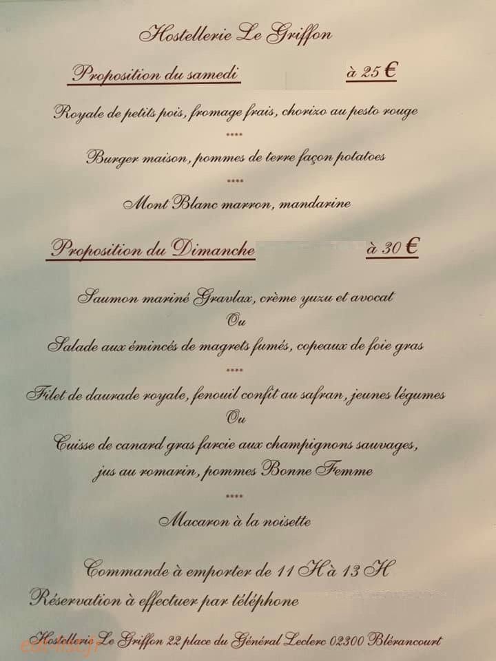 Hostellerie Le Griffon à Blerancourt - menu et photos
