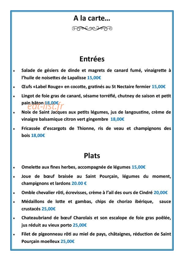 Hôtel de Paris à Jaligny sur Besbre - menu et photos