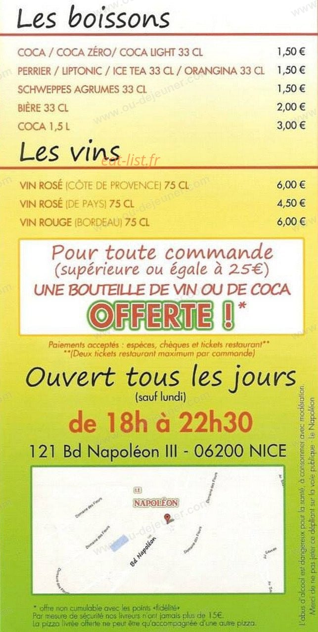Le Napoléon à Nice - menu en ligne