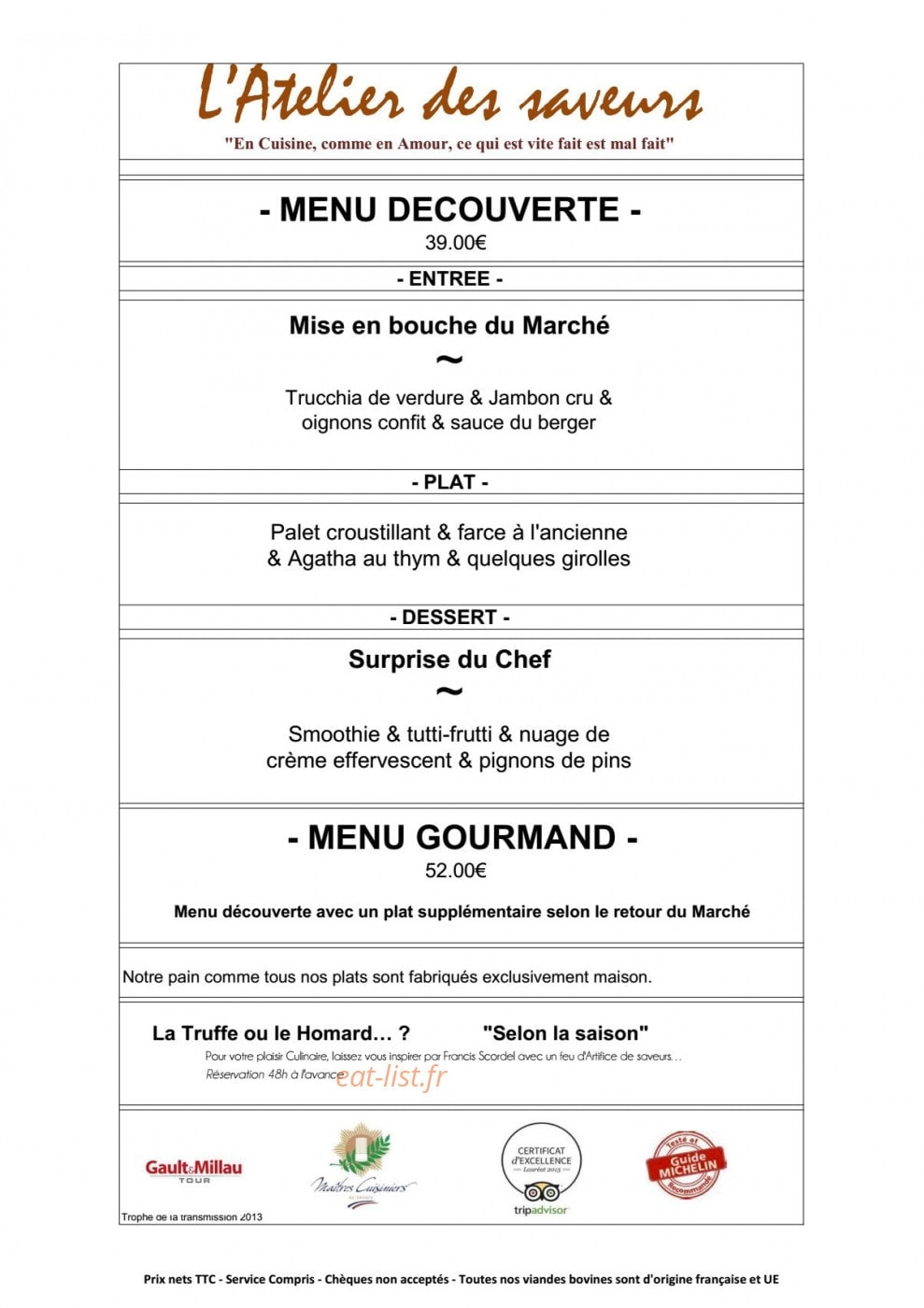 L’Atelier des Saveurs à La Colle sur Loup - menu et photos