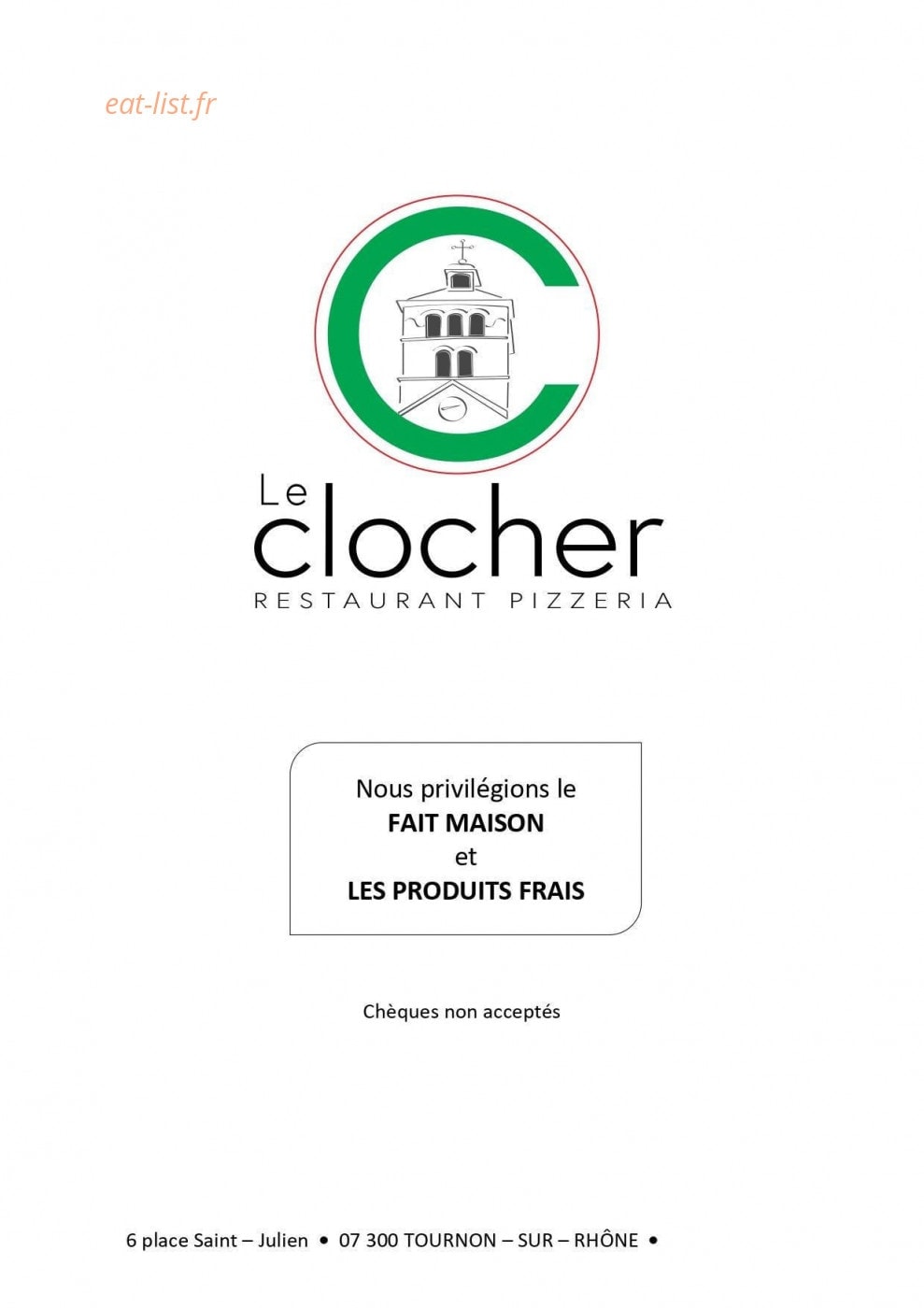 Le Clocher à Tournon Sur Rhone - menu en ligne