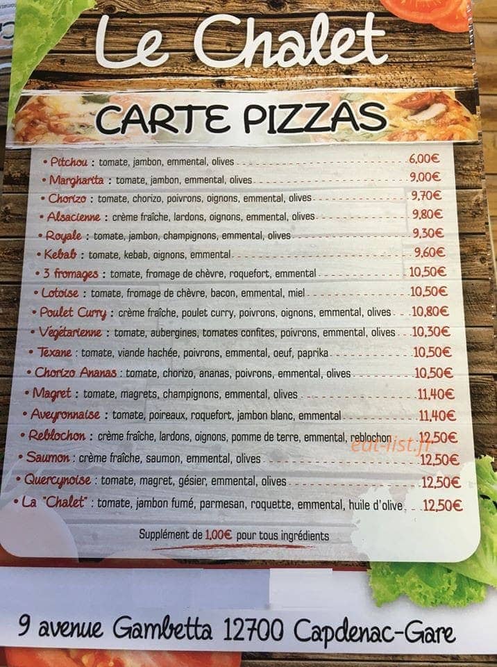 Le Chalet à Capdenac Gare - menu et photo