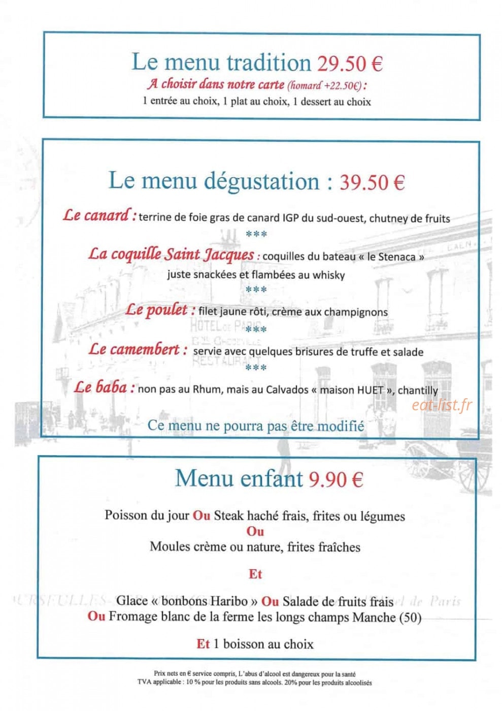 Hôtel de Paris à Courseulles Sur Mer - menu et photos