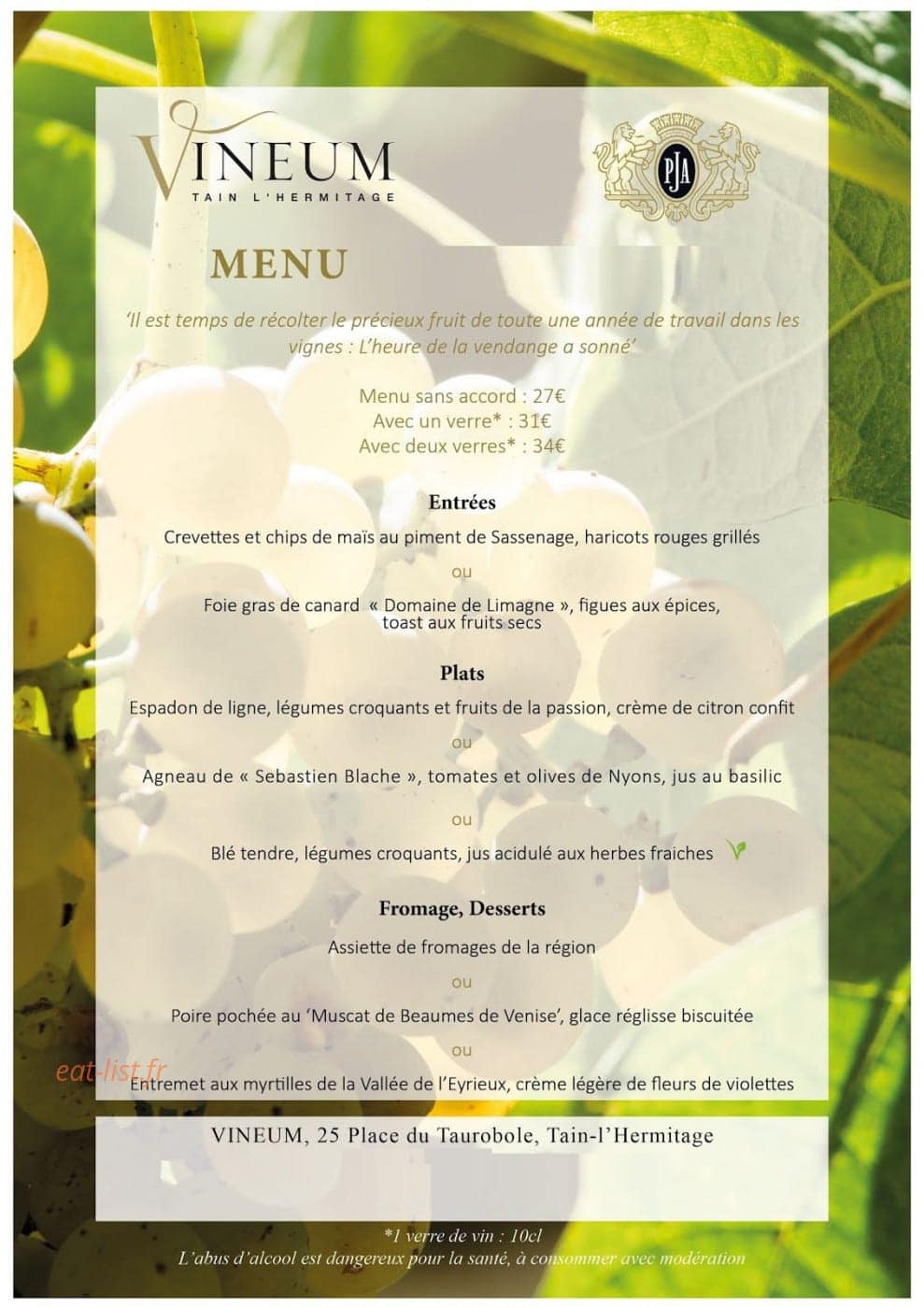 Vineum à Tain L'hermitage - menu et photos