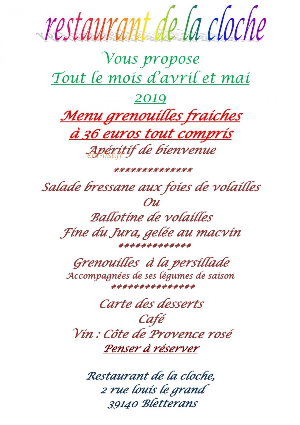 Restaurant De La Cloche à Bletterans - menu et photos