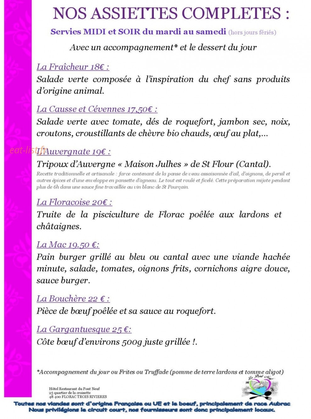 Le Pont Neuf à Florac Trois Rivières - menu et photos