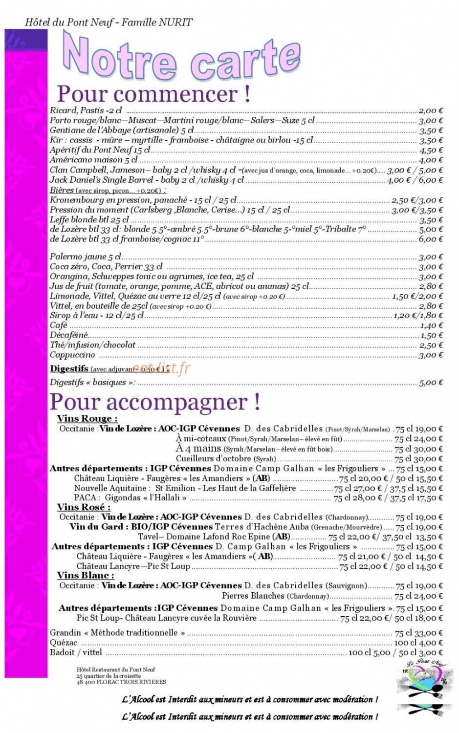 Le Pont Neuf à Florac Trois Rivières - menu et photos