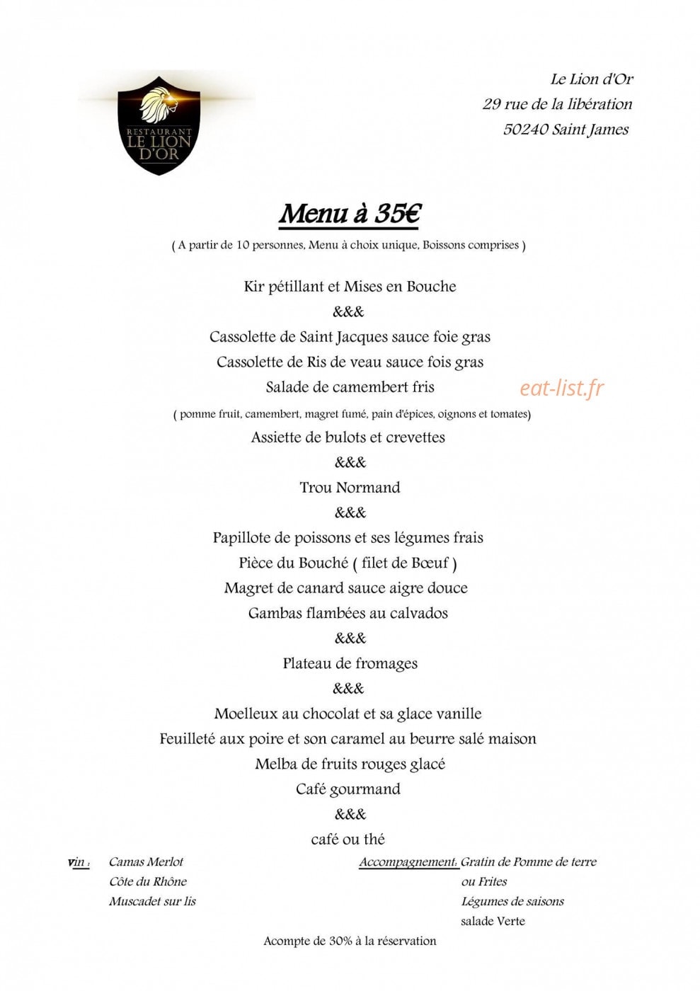 Le lion d'or à Saint James - menu et photos