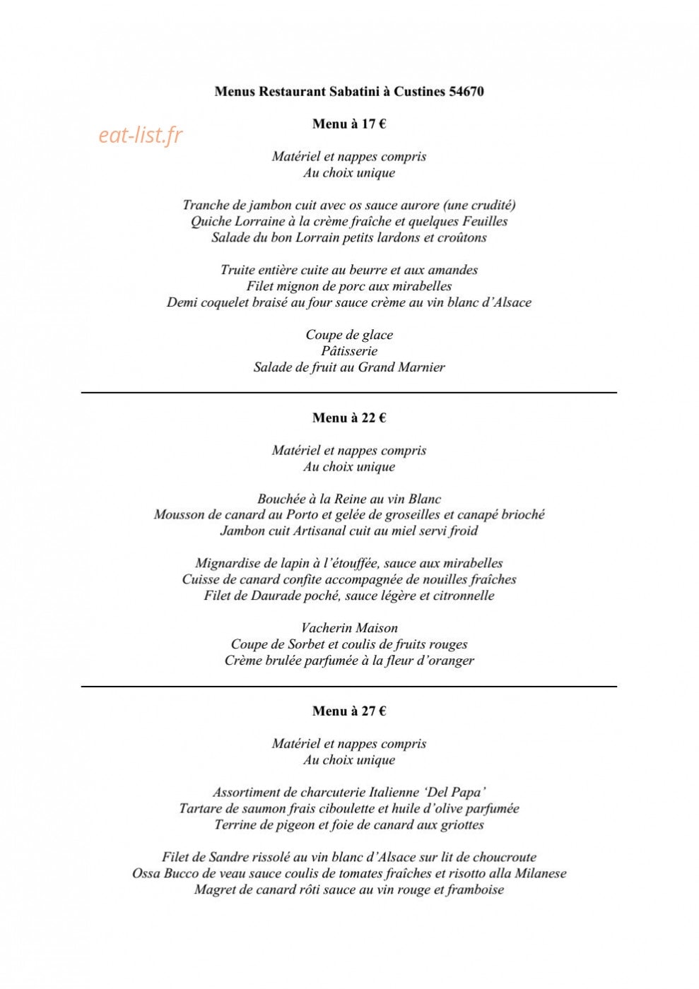 Restaurant Sabatini à Custines - menu et photos