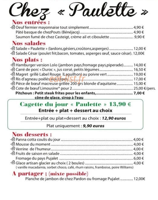 Chez Paulette à Bizanos - menu et photos