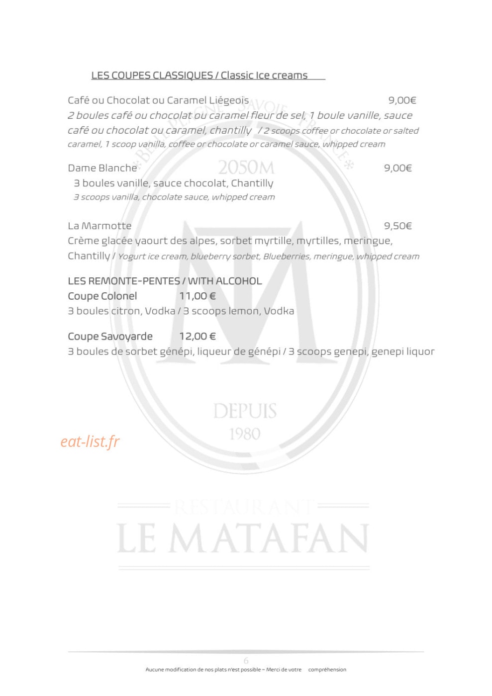 Le Matafan à La Plagne Tarentaise - menu et photos