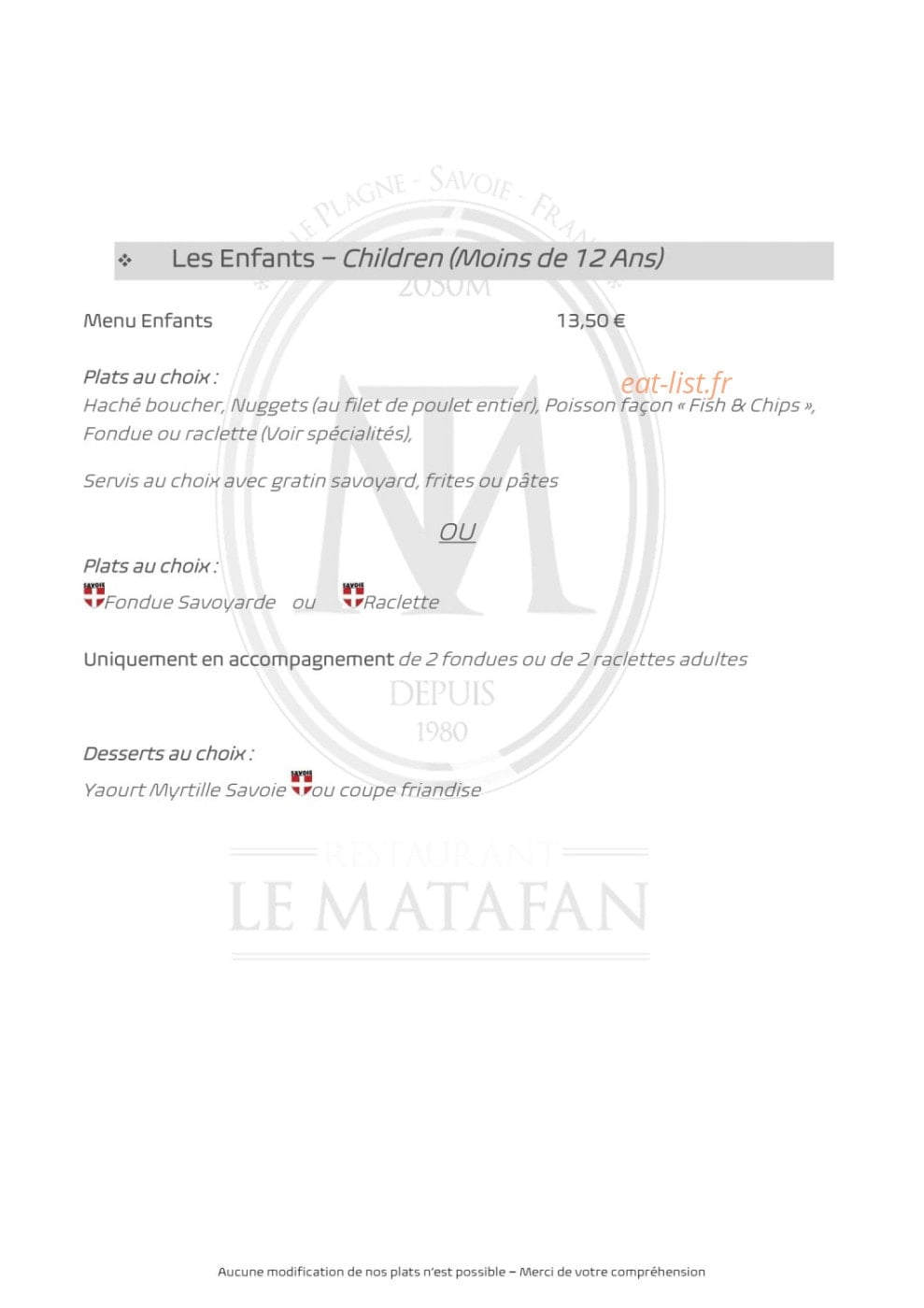 Le Matafan à La Plagne Tarentaise - menu et photos