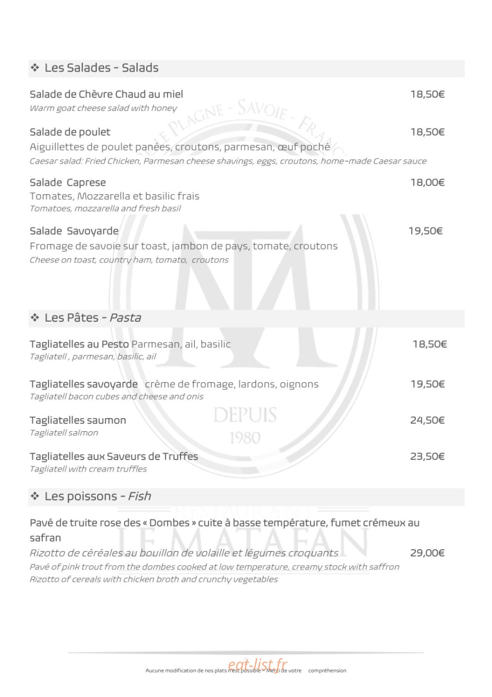 Le Matafan à La Plagne Tarentaise - menu et photos