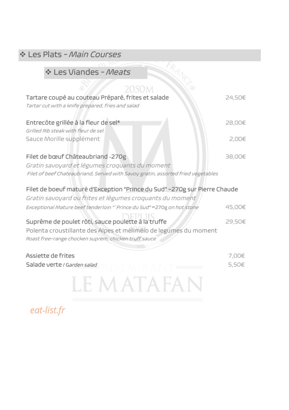 Le Matafan à La Plagne Tarentaise - menu et photos