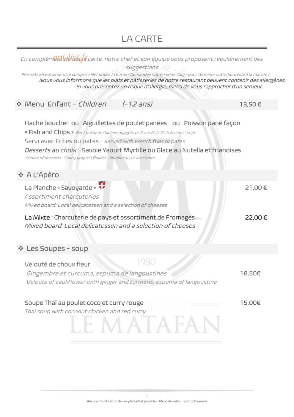 Le Matafan à La Plagne Tarentaise - menu et photos