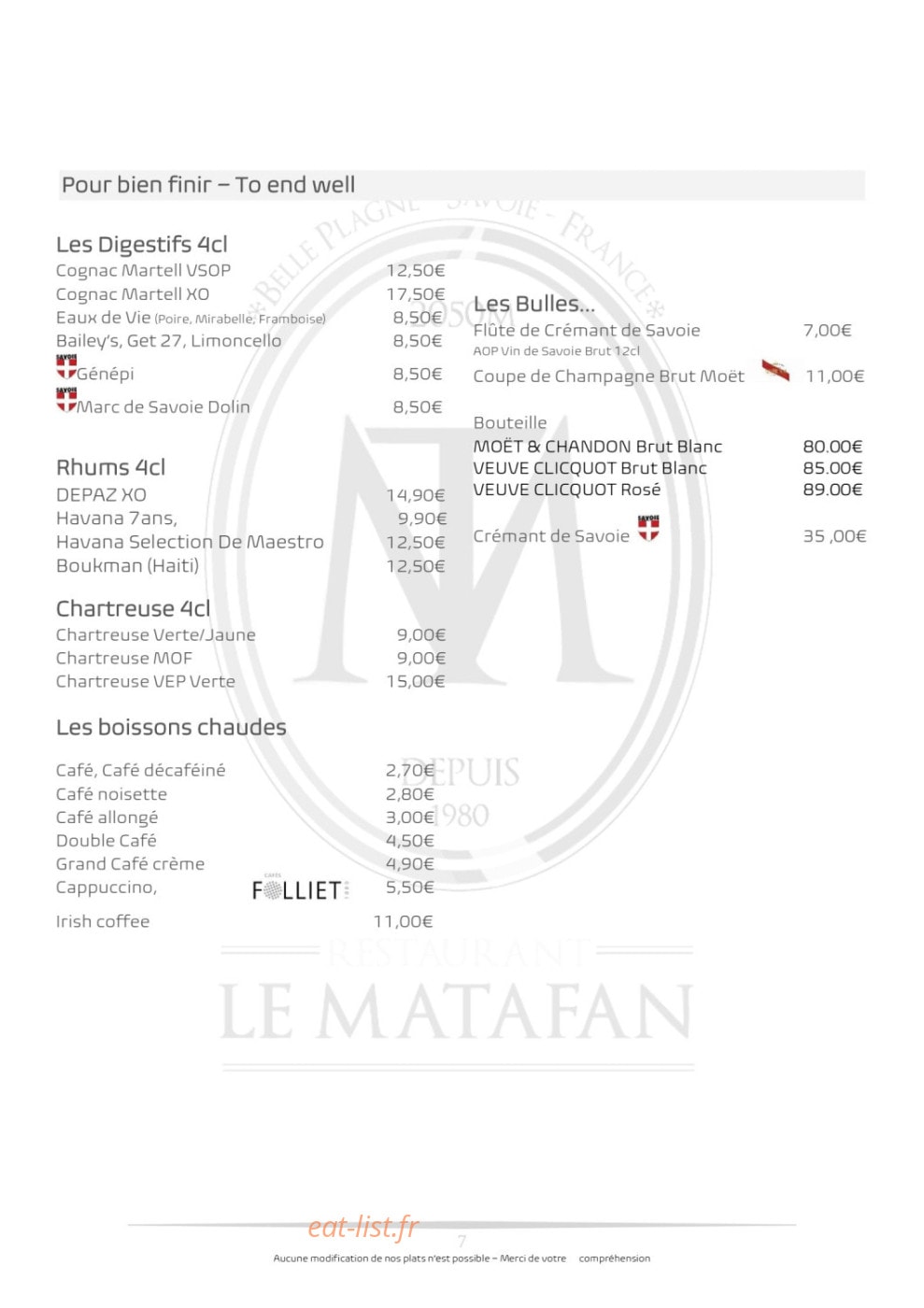 Le Matafan à La Plagne Tarentaise - menu et photos