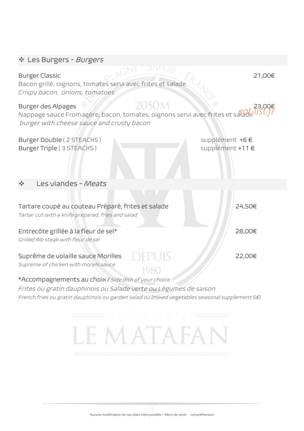 Le Matafan à La Plagne Tarentaise - menu et photos