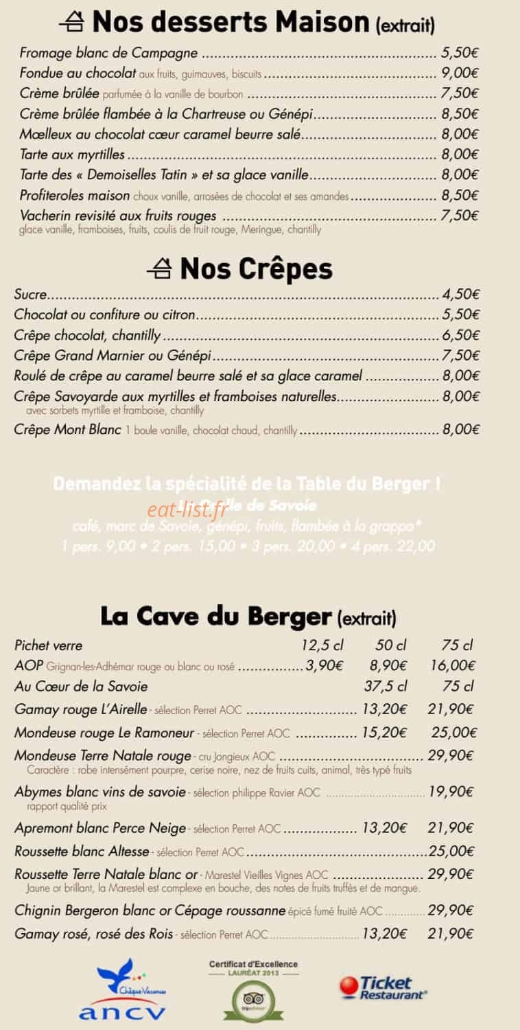La Table du Berger à Les Avanchers Valmorel - menu et photos