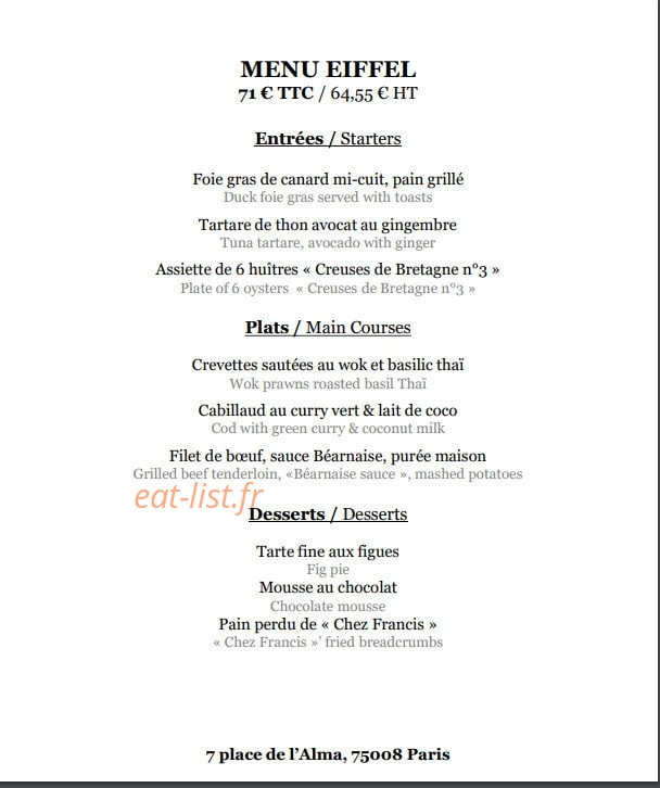 Chez Francis à Paris 8 - menu et photos