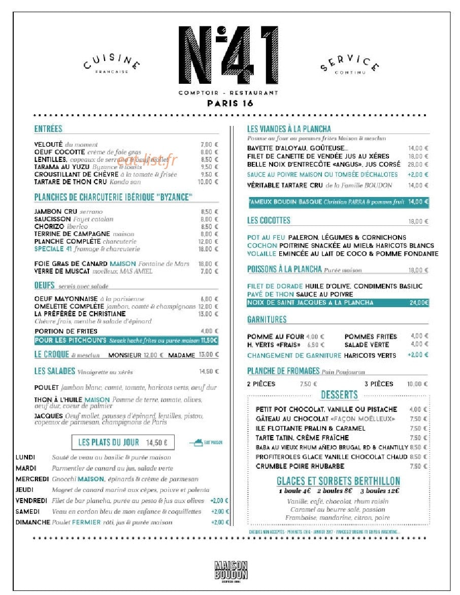 Numéro 41 à Paris 16 - menu et photos