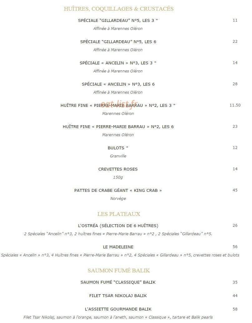 Maison Prunier à Paris 16 - menu et photos