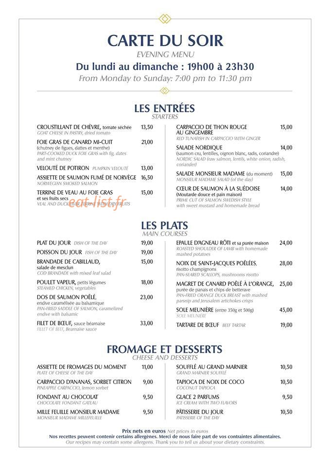 Monsieur Madame à Paris 17 - menu et photos