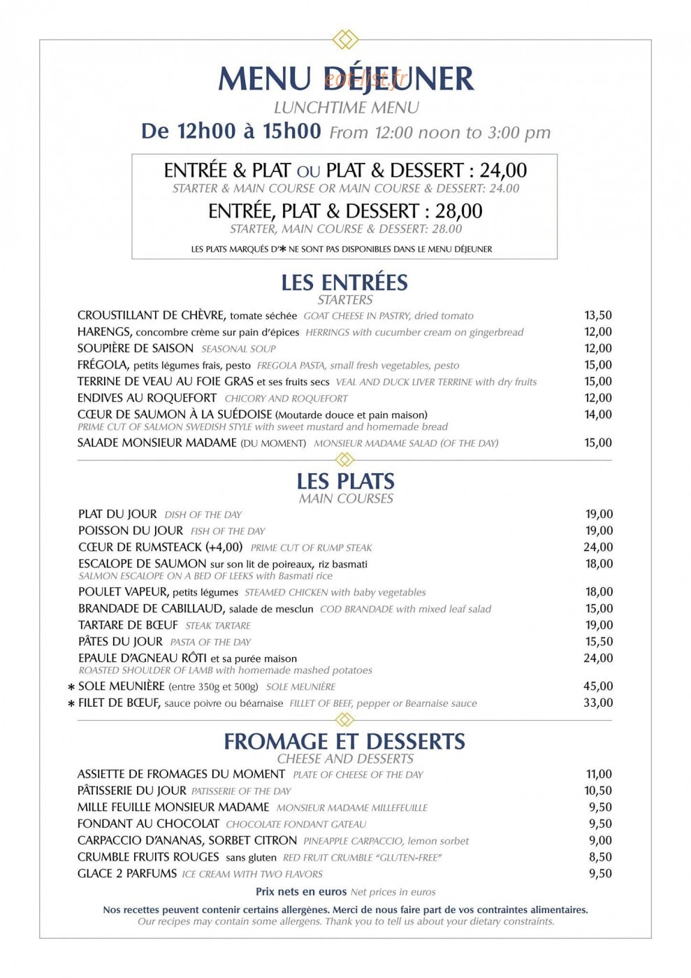 Monsieur Madame à Paris 17 - menu et photos