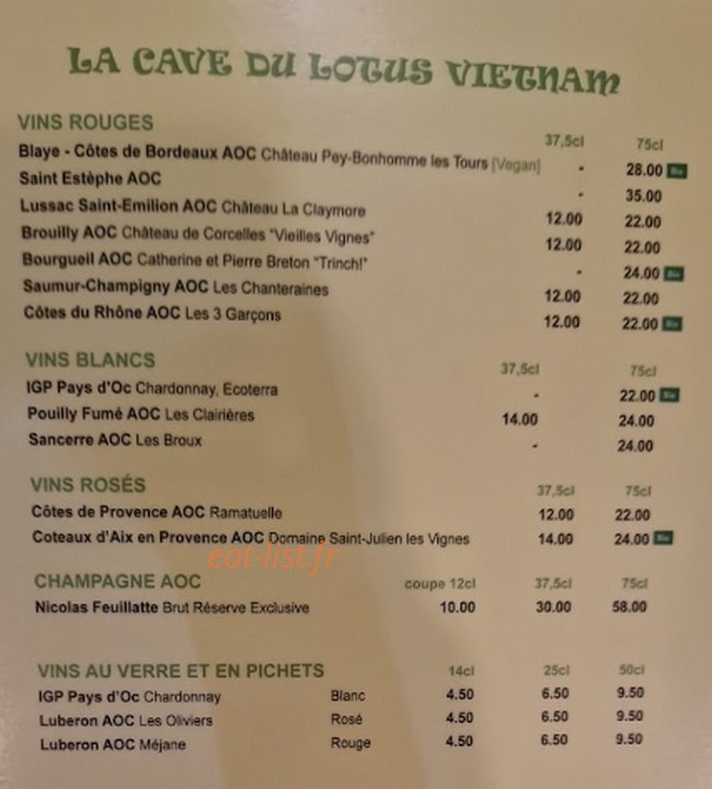Lotus Vietnam à Paris 20 - menu et photos