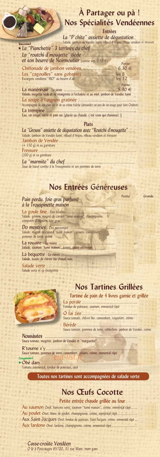 Le casse croute à Pouzauges - menu et photos