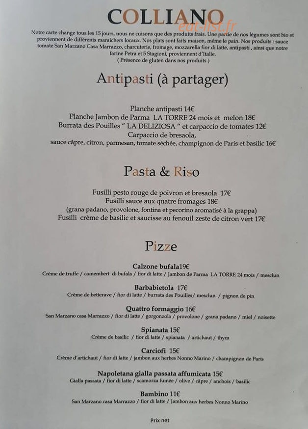Colliano à Milly la Foret - menu et photos