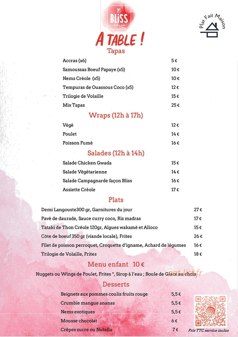 Bliss à Le Gosier - menu et photos