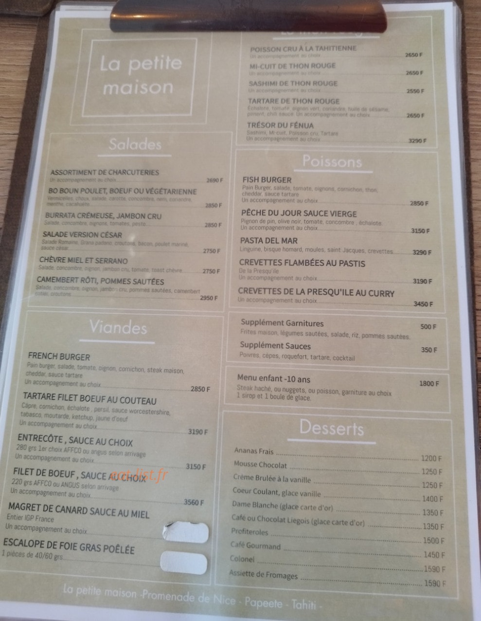 La petite maison à Papeete - menu et photos